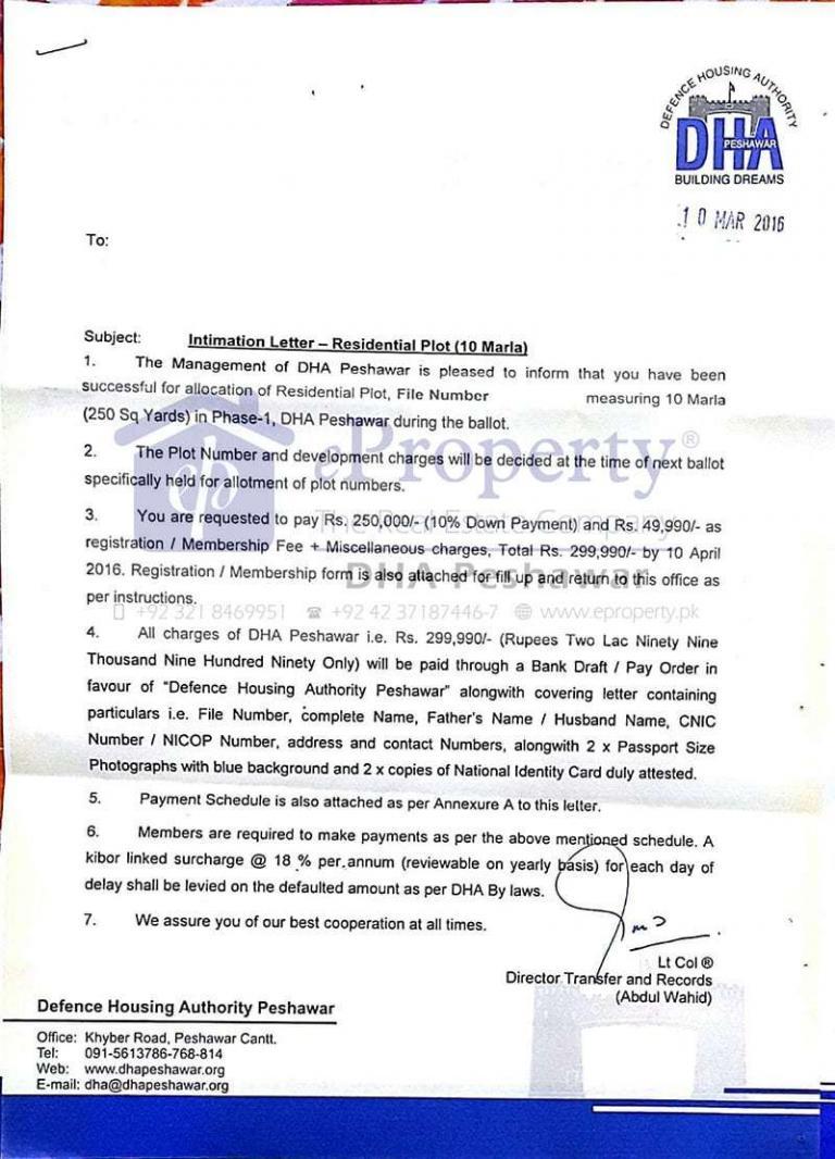 DHA Peshawar starts mailing Intimation letters | eProperty®