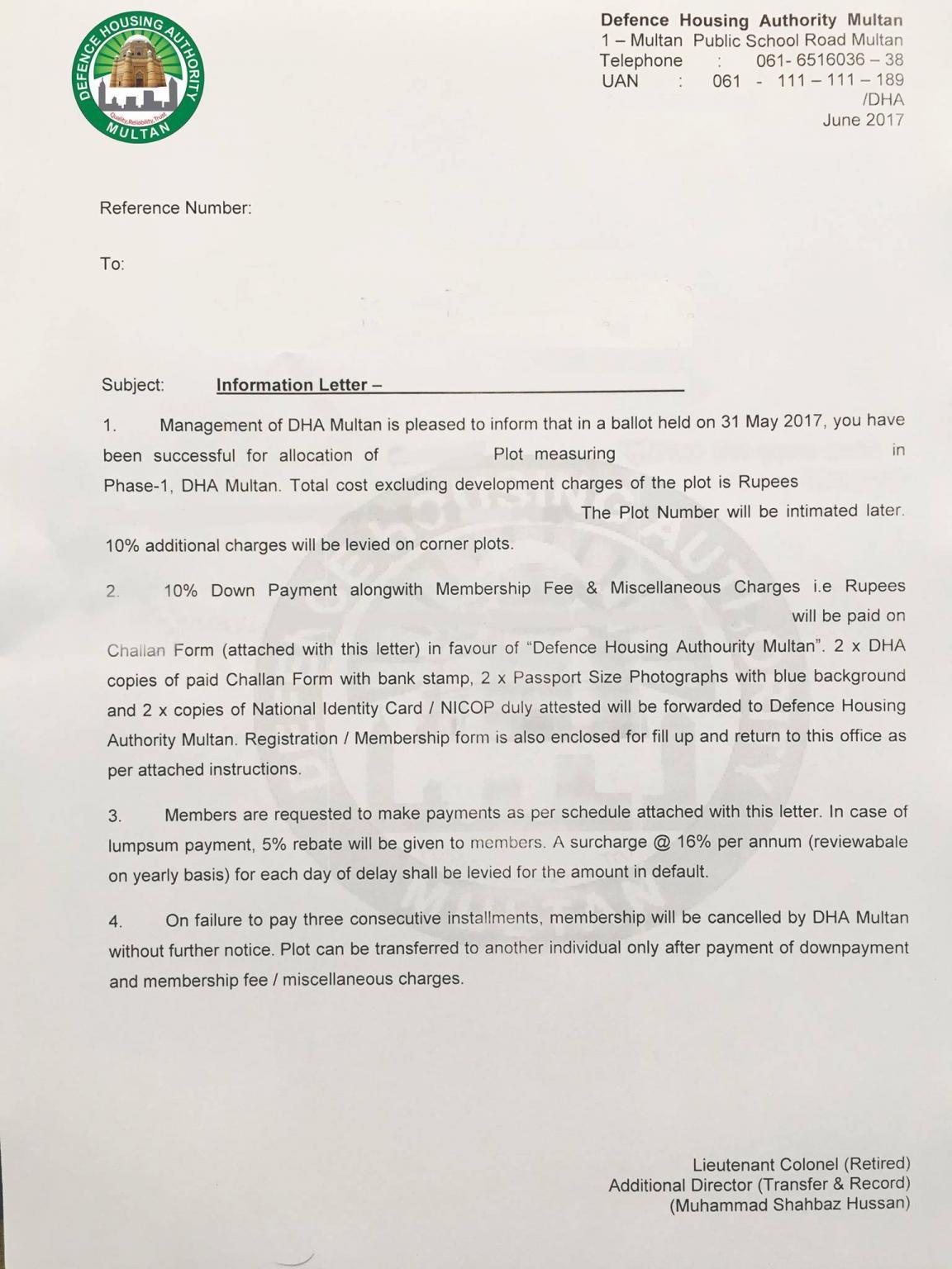 DHA Multan start sending Information letter and Payment Schedule ...