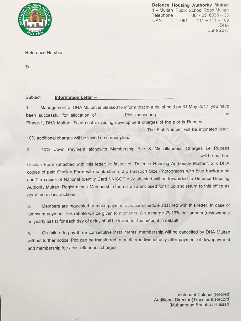 DHA Multan start sending Information letter and Payment Schedule ...